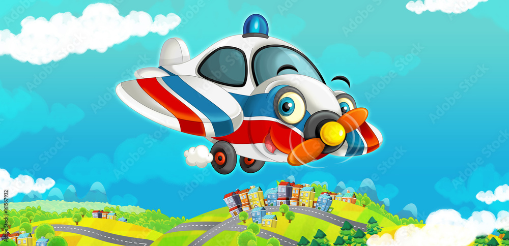 cartoon happy traditional plane with propeller smiling and flying over ...