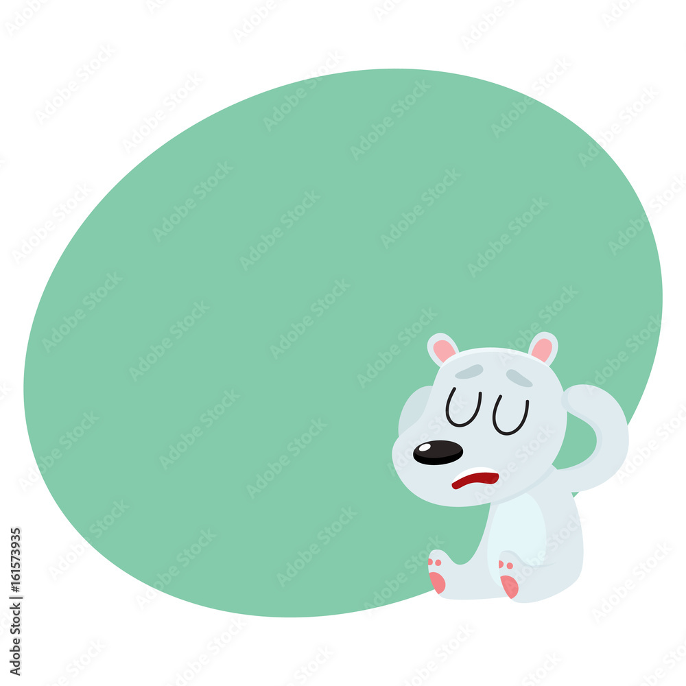 Baby polar bear having headache, sitting with closed eyes, holding its ...