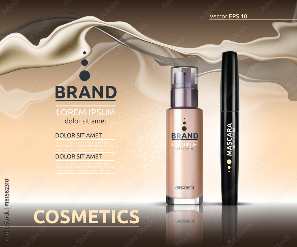 Mascara and Skin toner ads cosmetics. Glass bottle and sparkling ...