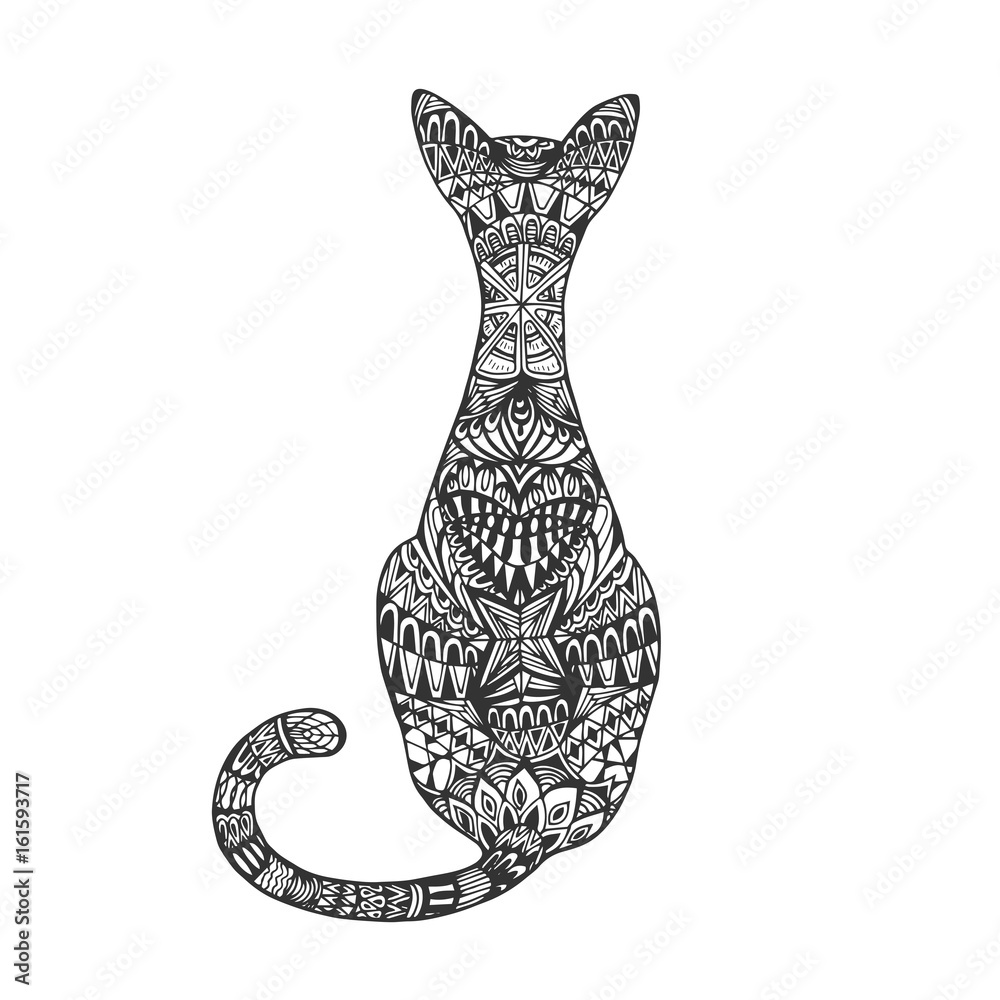 Isolated hand drawn black outline monochrome abstract ornate back of ...