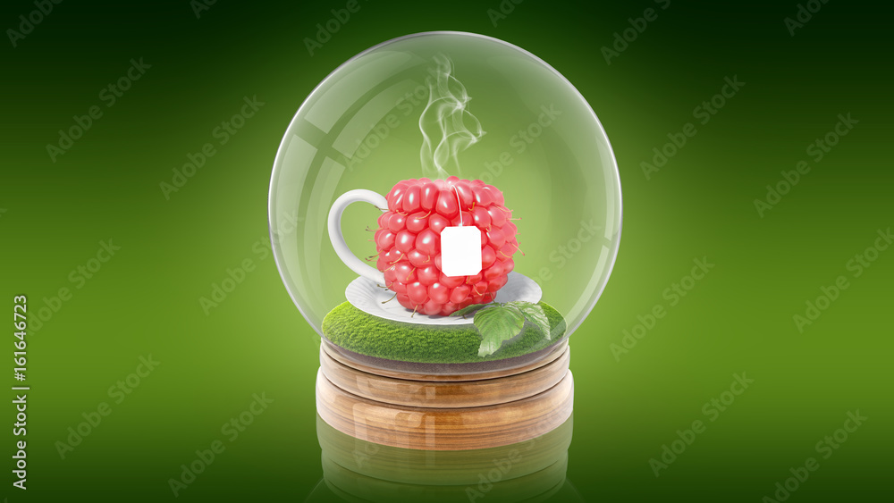 Transparent sphere ball with raspberry cup of tea inside. 3D rendering ...