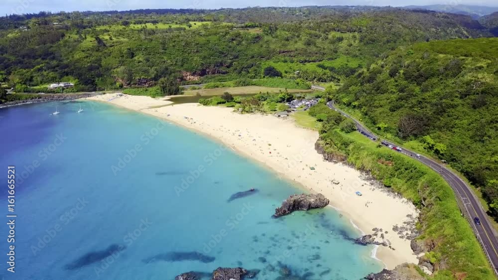 Aerial: Waimea Bay Beach Park, Oahu Hawaii. Green Trees, Clear Blue ...
