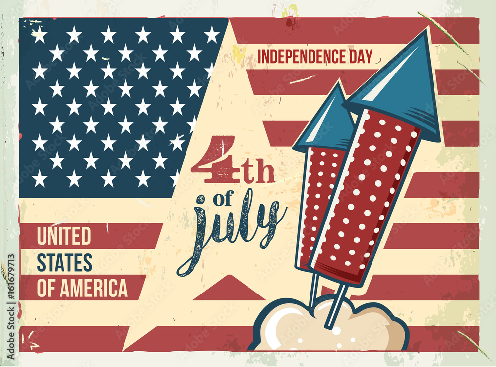 4th of July poster. Grunge retro metal sign with fireworks ...