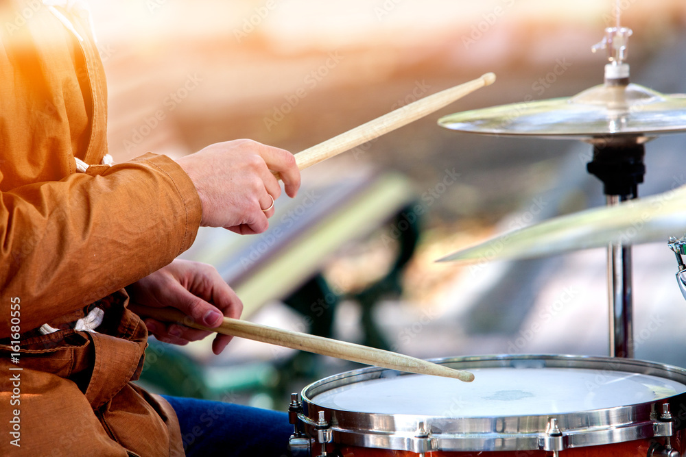 Music street performers on autumn outdoor. Middle section of body part ...
