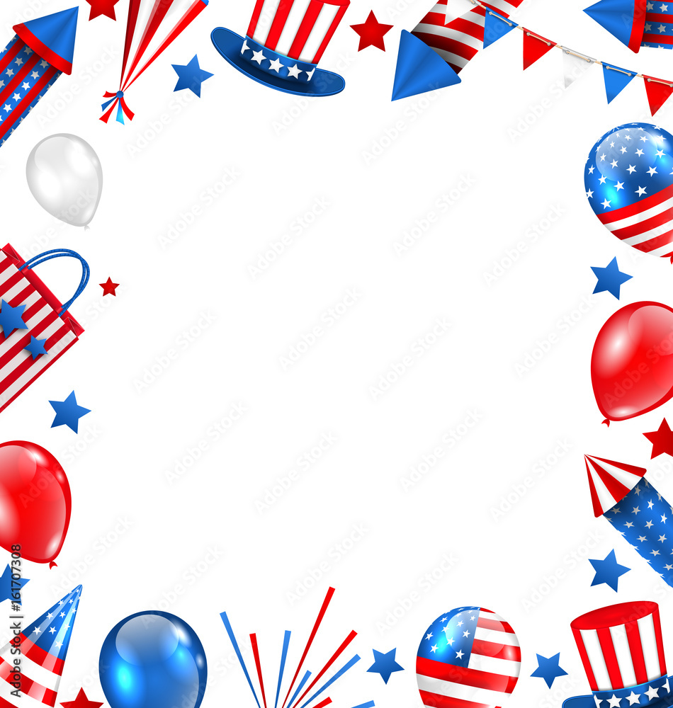 Colorful Border for American Holiday, Traditional Symbols, Objects ...