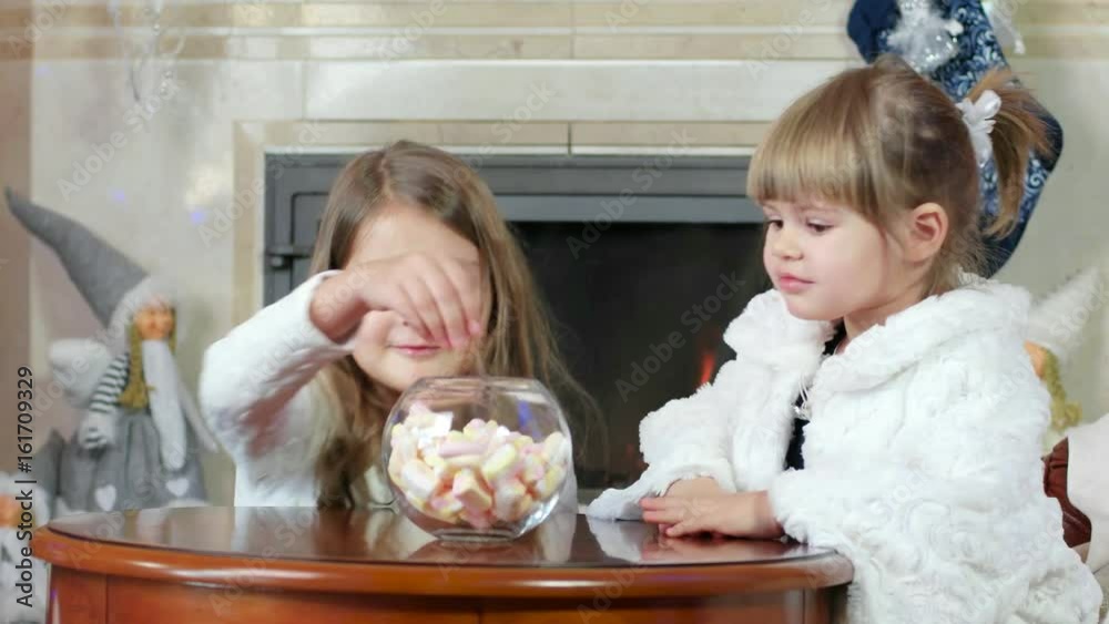 kids steal candy, little girl hiding under a table, look out and grab ...
