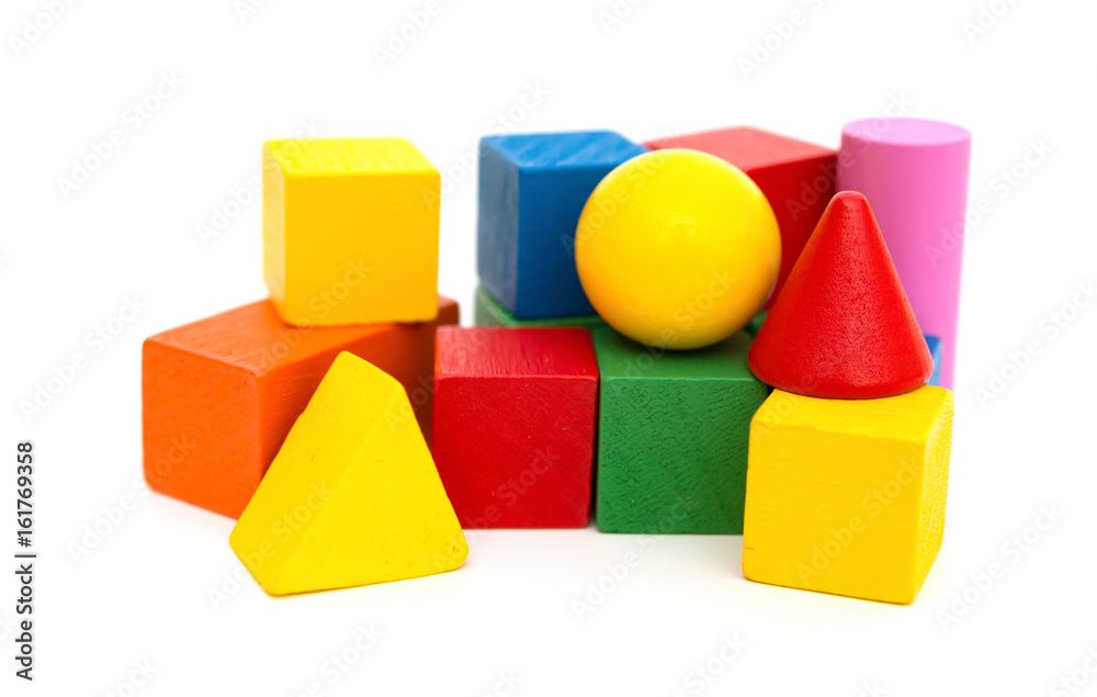 different color and shape wooden toy blocks on white background Stock ...