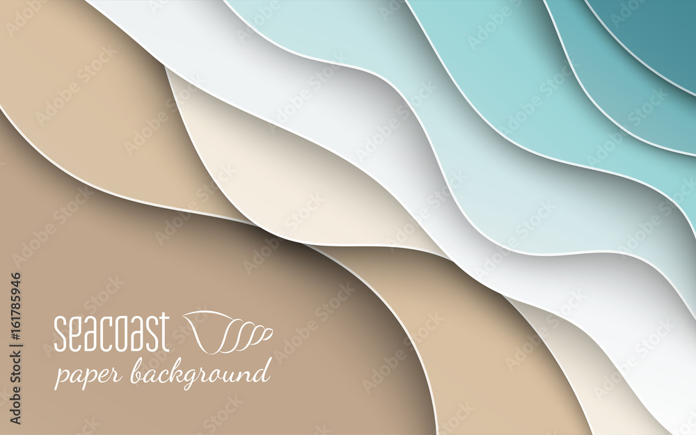 Abstract blue sea and beach summer background with curve paper wave and ...