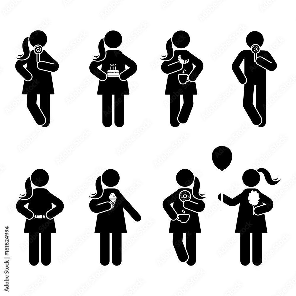 Stick figure different eating position set. Vector illustration of ...