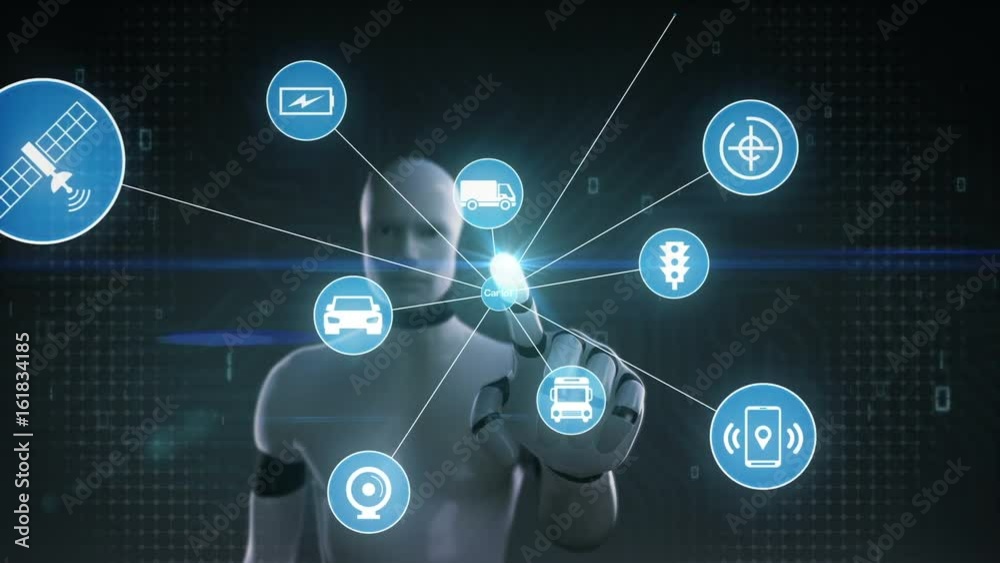 Robot, cyborg touching screen, Car internet of things technology icon ...