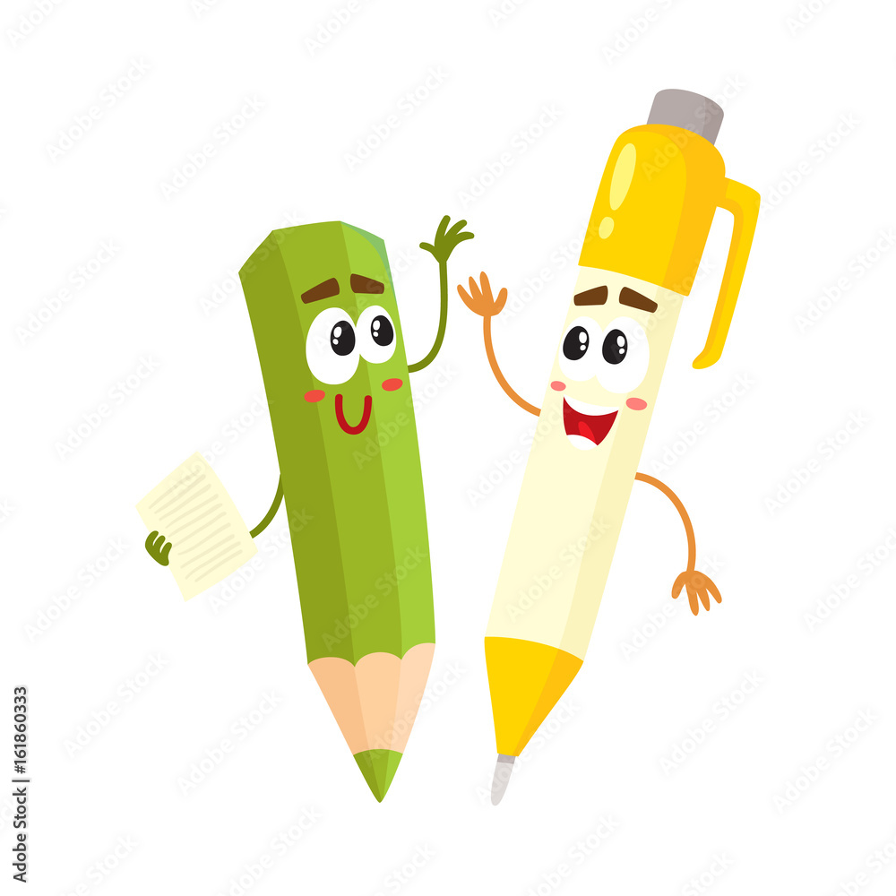 Cute, funny pen and pencil characters with smiling human faces cheering ...