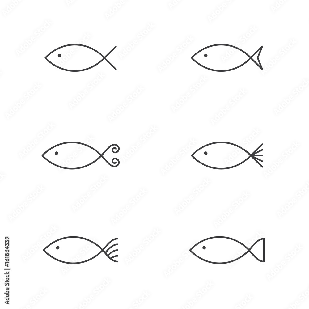 Fish icon outline stroke set design illustration black and white color ...
