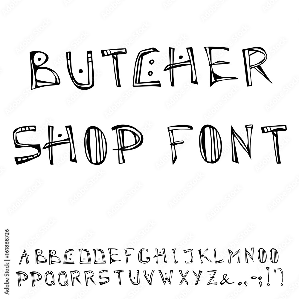Butcher Shop Decorative Meat Font, Alphabet. Realistic Doodle Cartoon ...