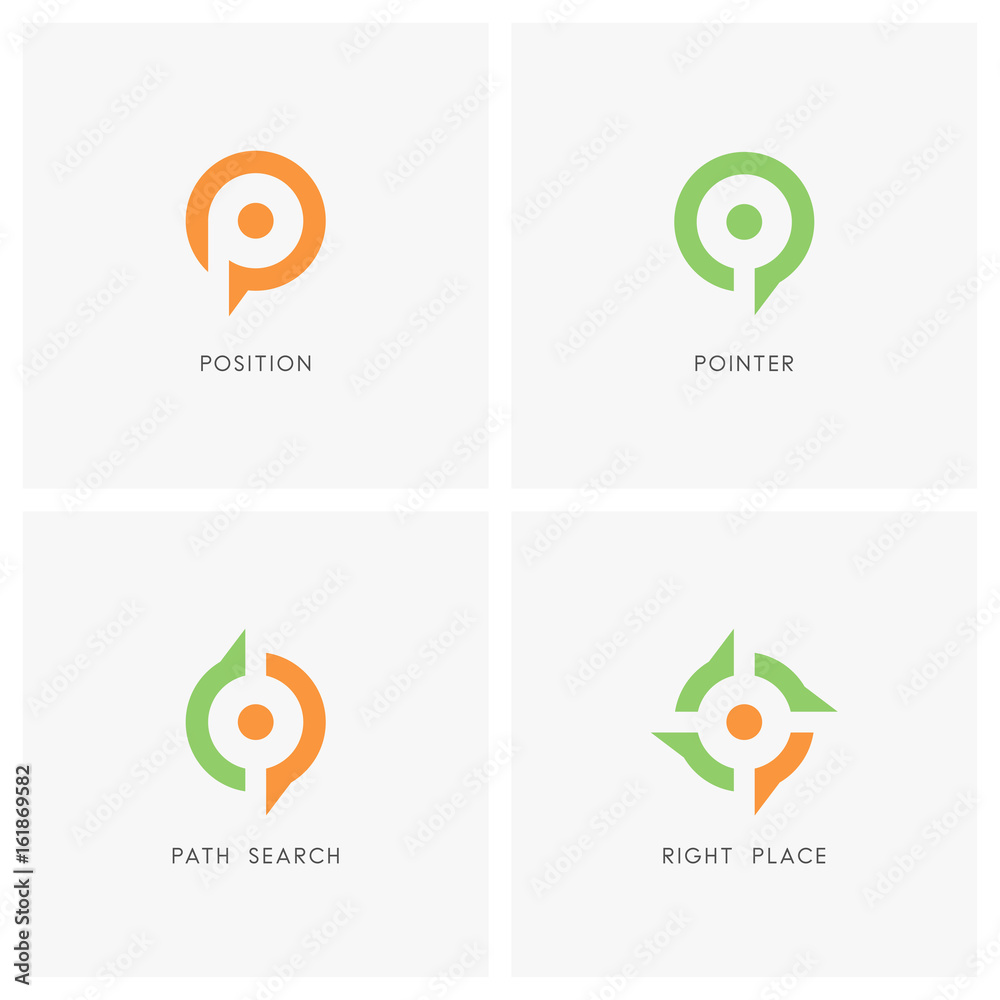 Position pointer logo set. Place or address symbol, path search and ...