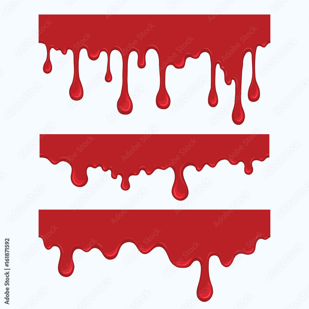 Set of cartoon blood drips. Red liquid drop and splash. Paint drips and ...