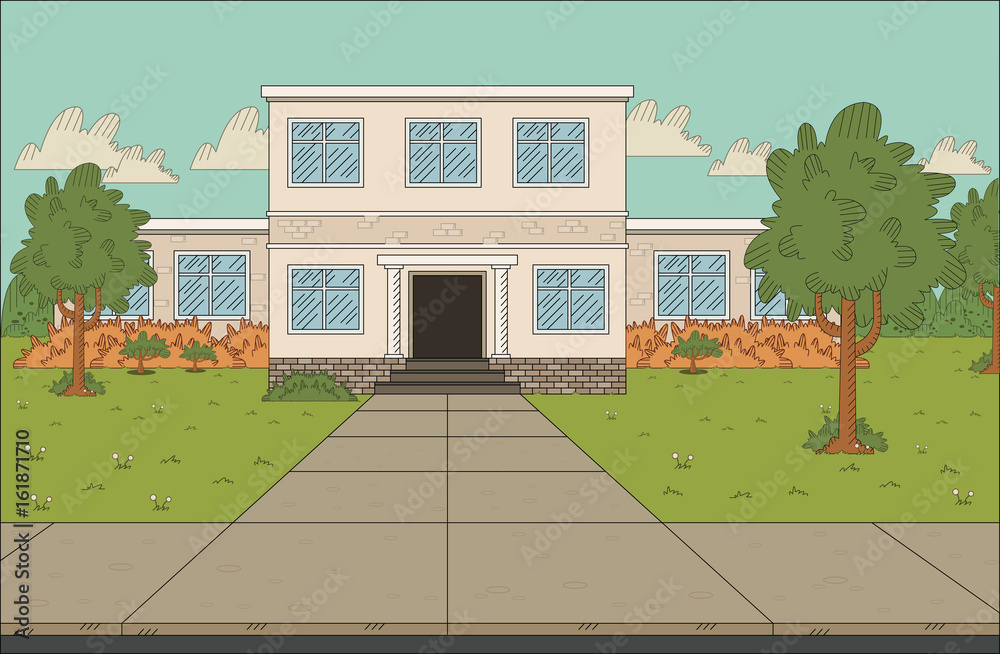 Entrance door of a cartoon school building. Stock Vector | Adobe Stock