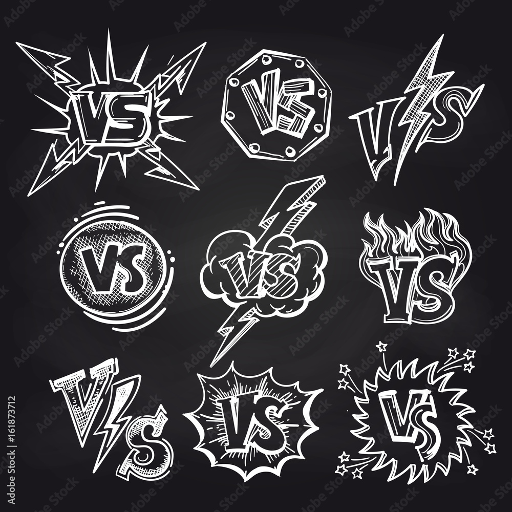 Hand drawn versus logos on blackboard background. Vector illustration ...
