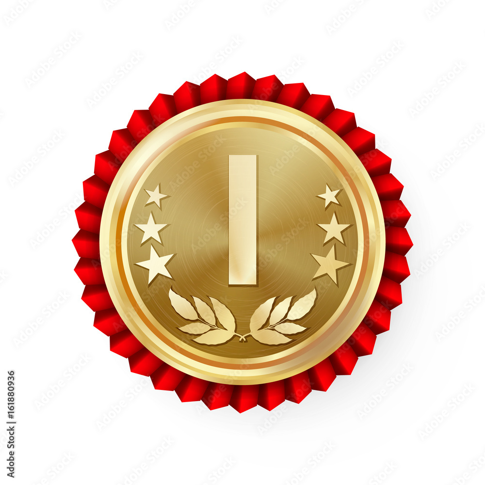 Gold 1st Place Rosette, Badge, Medal Vector. Realistic Achievement With ...
