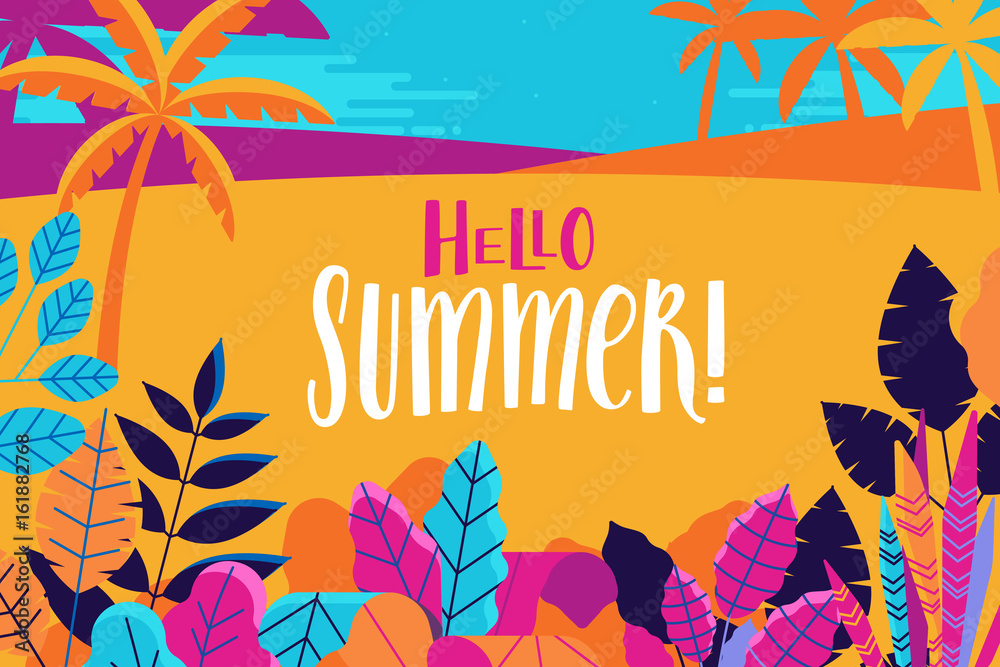 Vector illustration - summer background with hand-lettering text hello ...
