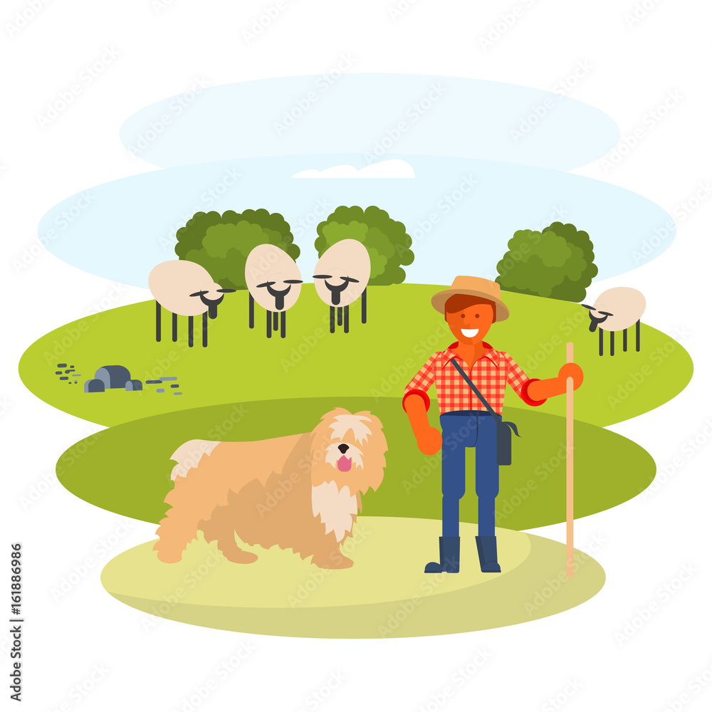 Young man cattleman with his Shepherd dog graze sheep in pasture. Flat ...