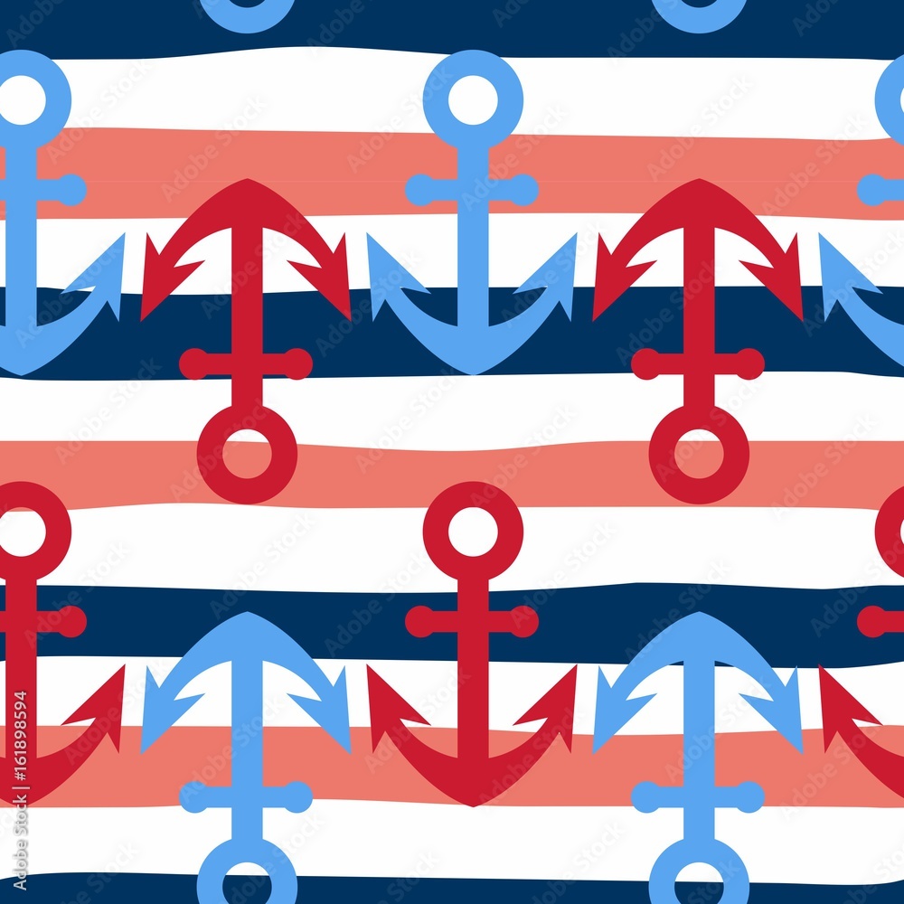 Seamless pattern with anchors on red, white and blue marine striped ...