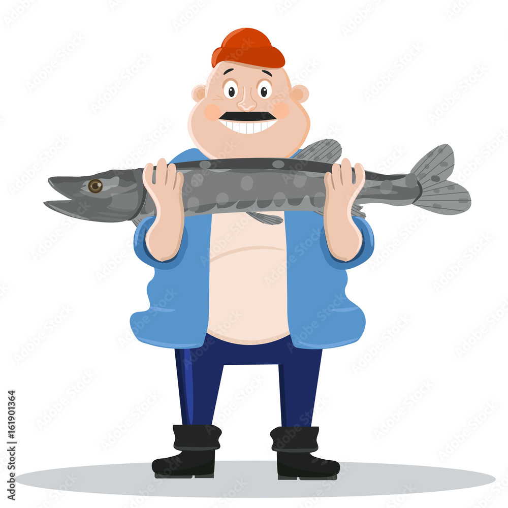 Happy fisherman with a big fish. Vector illustration. cartoon. Stock ...