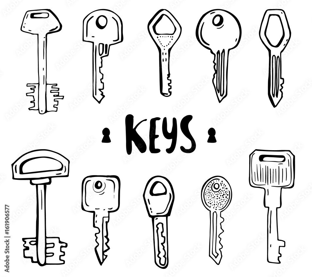 Vector set of hand-drawn keys. Illustration in sketch style on white ...