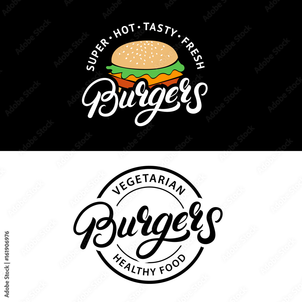 Set Burgers hand written lettering logos, badges, labels, emblems ...