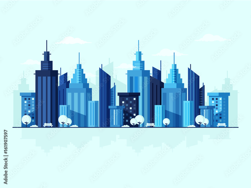 Modern City Background with Blue Skyscrapers. Flat Design Style. Stock ...