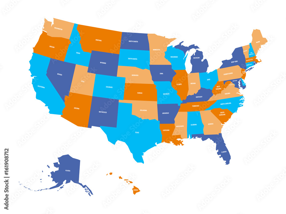 Political map of USA, United States of America. Colorful with white ...