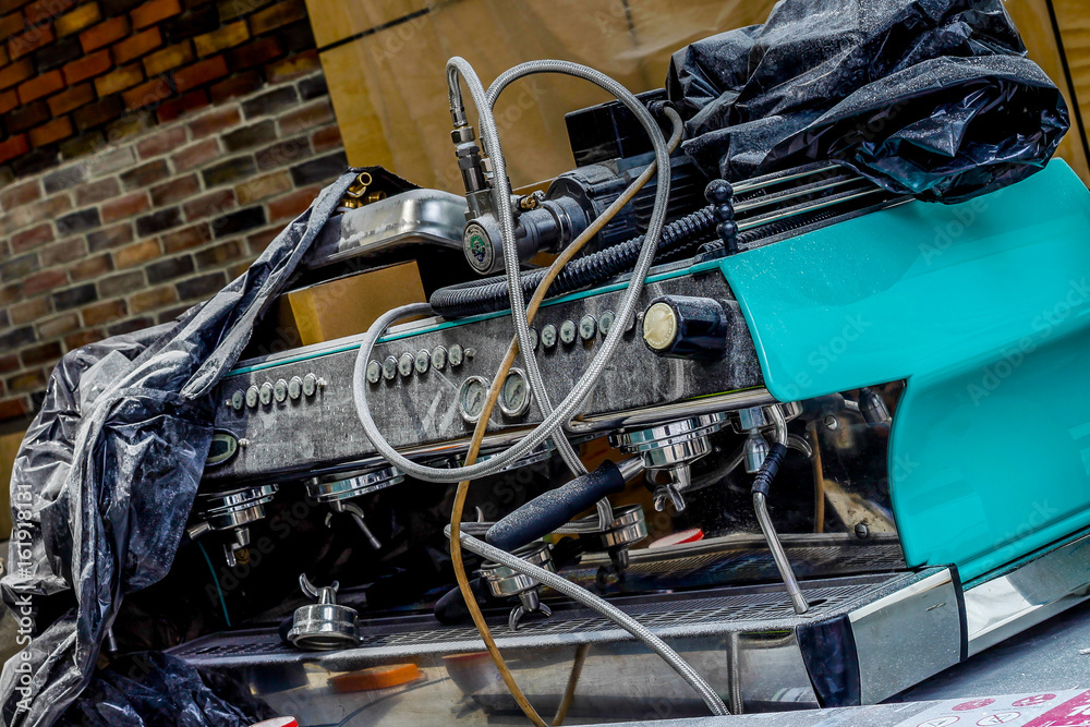 Dusty coffee machine in a café while it is being renovated Stock Photo ...