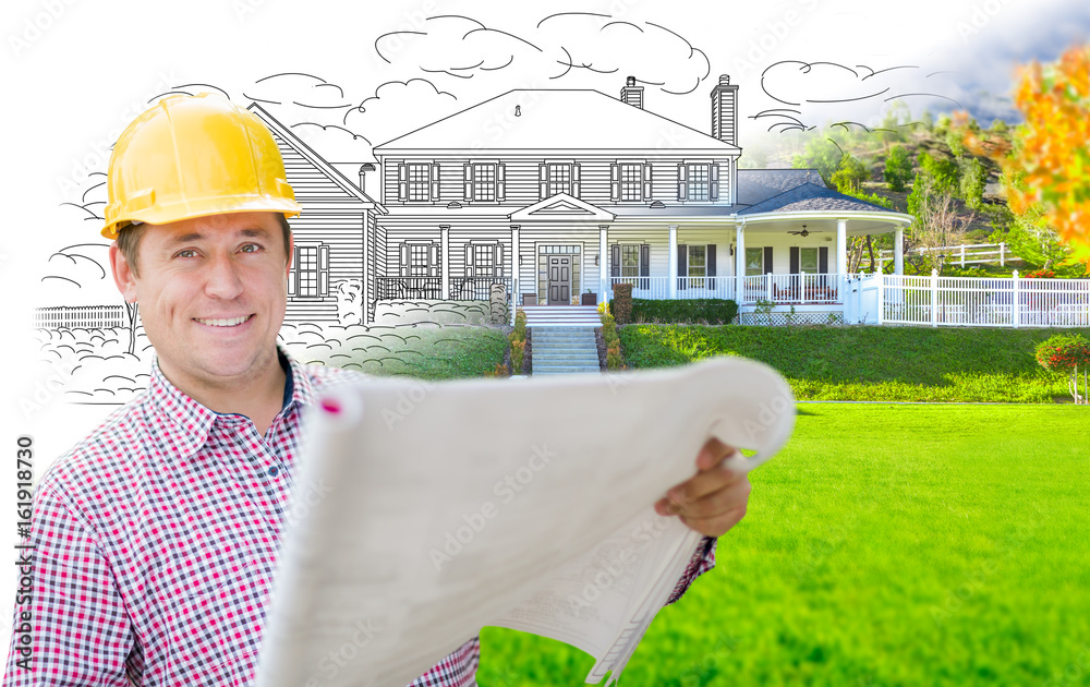 Male Contractor Wearing Hard Hat In Front of House Drawing Gradation ...