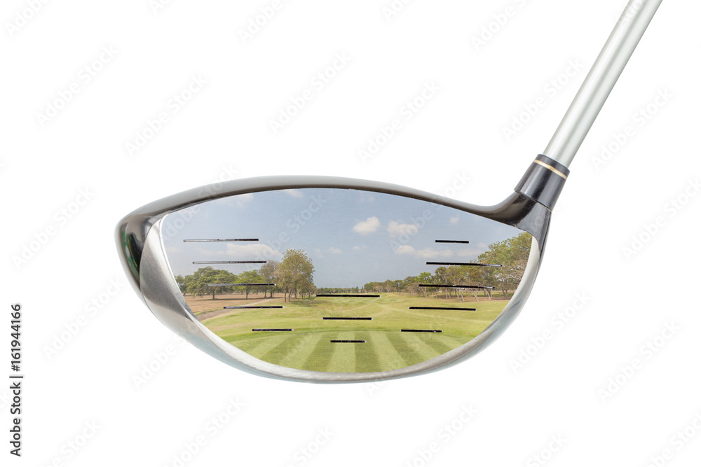 Golf concept, the shiny metal golf driver club and green golf course ...