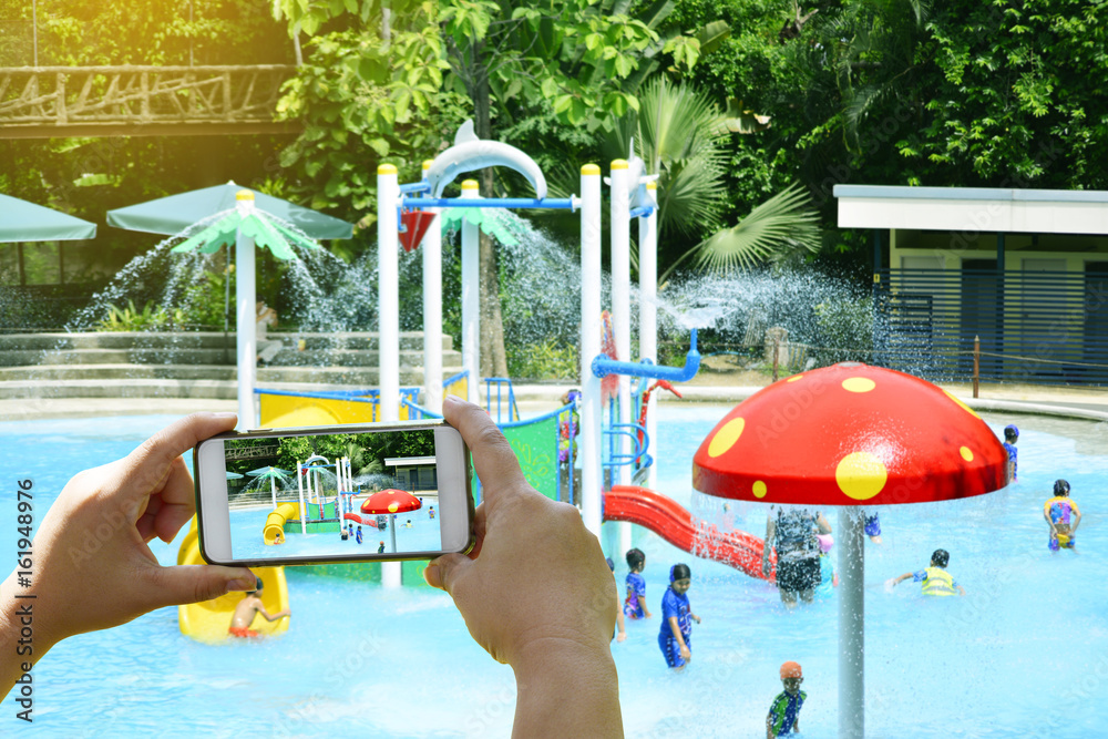 Children playing in waterpark background or Kids playing in waterpark ...