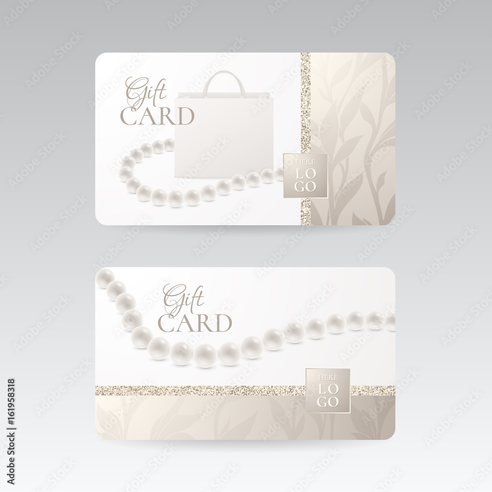 Vector set of elegant gift cards with pearls and a paper shopping bag ...