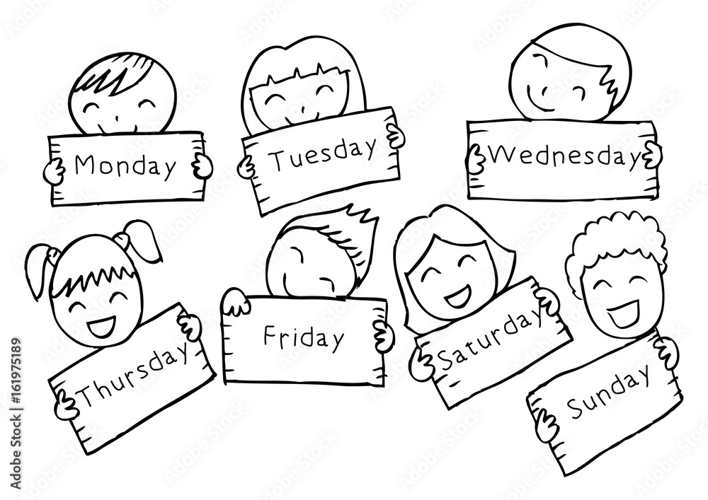 Days of week with children. Cartoon style. Stock Illustration | Adobe Stock