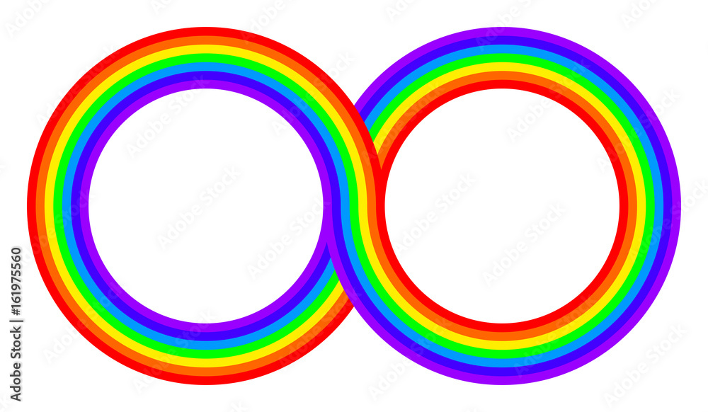 Two intertwined rainbow colored circles. Connected rings with rainbow ...