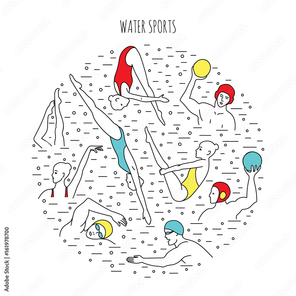 Water sport vector illustration. Round composition with swimmers, water ...