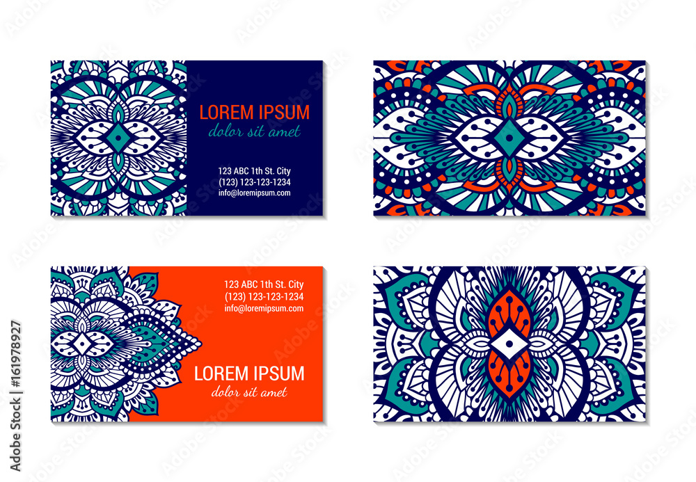 Indian style horizontal colorful ornate visiting card set. Front and ...