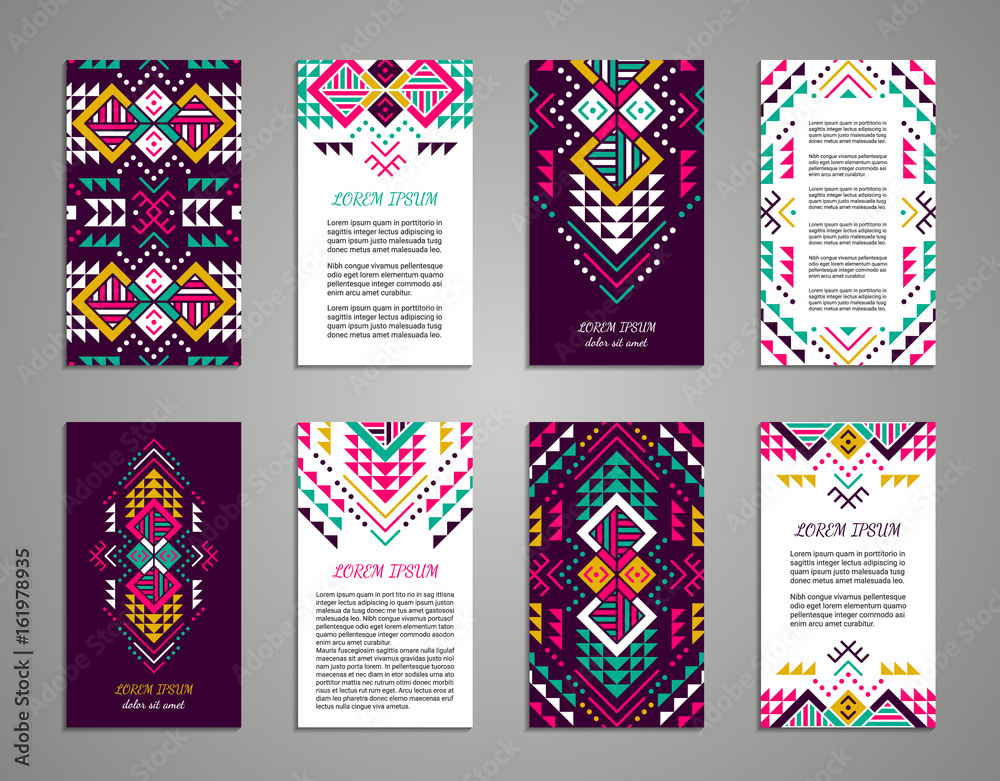 Aztec style colorful vertical flyer set. American indian ornate pattern ...