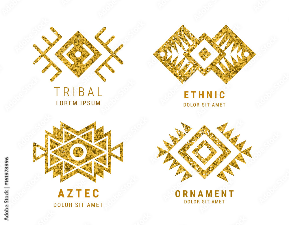 Aztec style geometric vintage logo set. Gold glitter texture. American ...