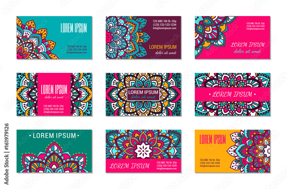 Indian style horizontal card set with bright colorful mandala. Front ...