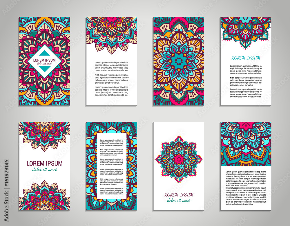 Indian style vertical flyer set with bright colorful mandala. Front and ...