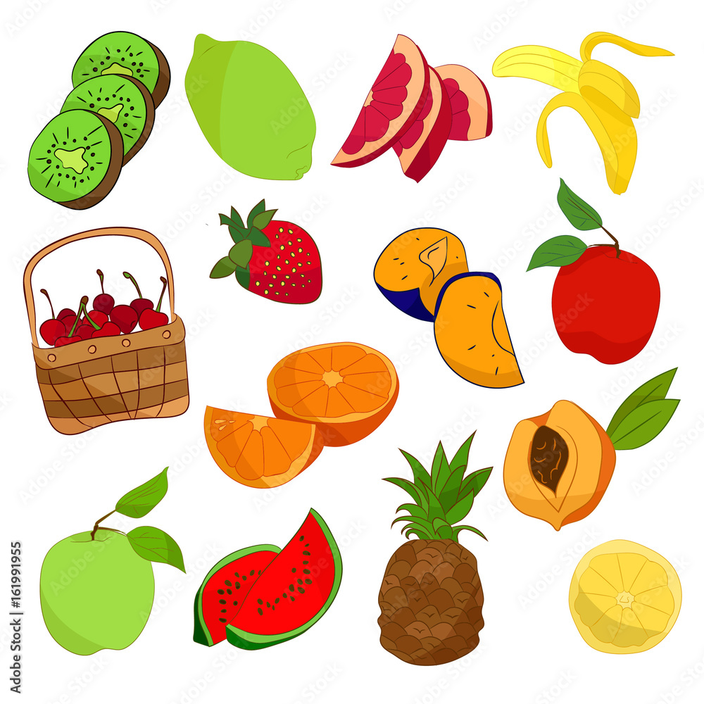 Set of bright colored fruits on white background Stock Illustration ...