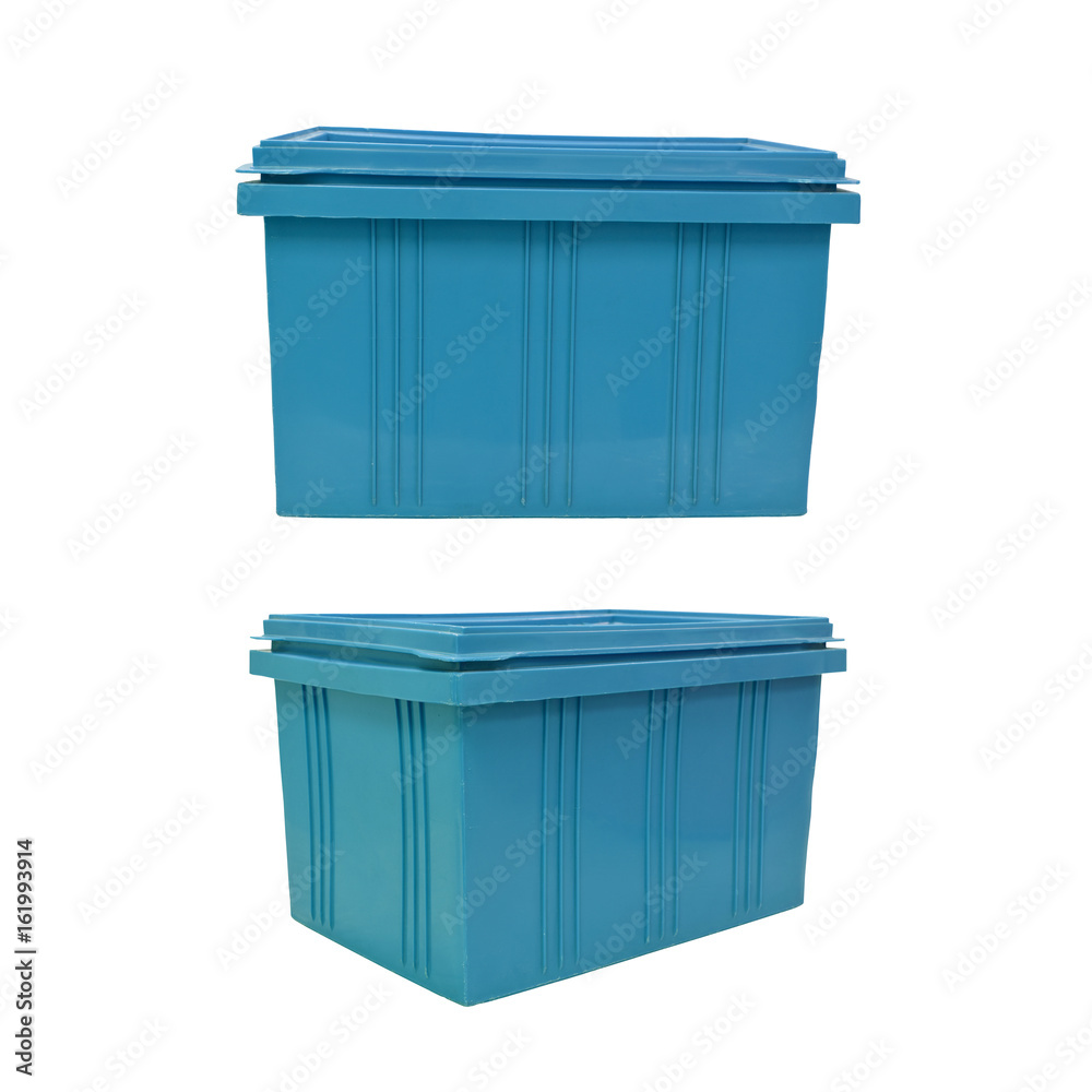 Blue plastic box packaging of finished goods product on white ...
