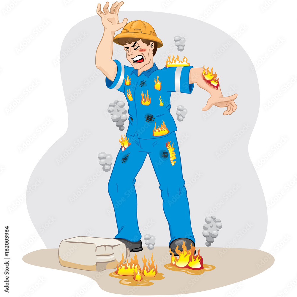 Illustration represents safety at work, worker man catching fire after ...