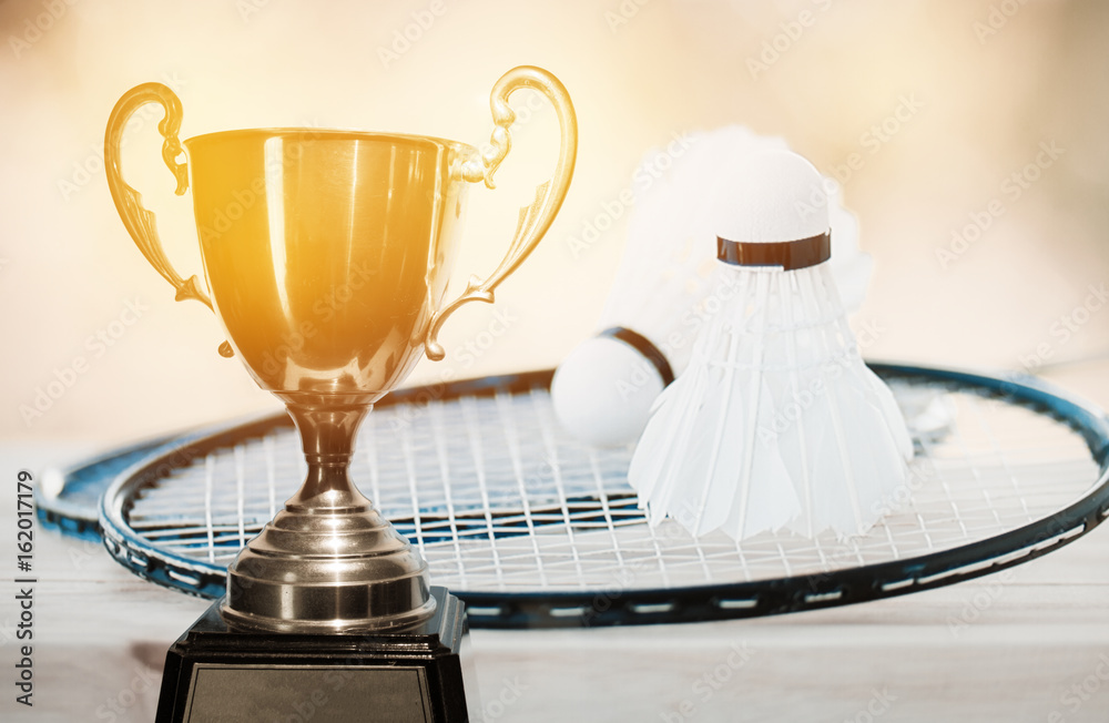 Trophy Award for winner champian, shuttlecocks on hand and racket ...