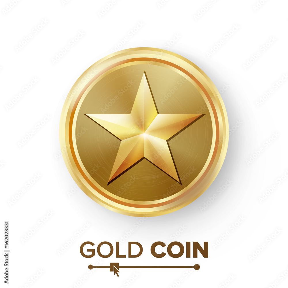 Game Gold Coin Vector With Star. Realistic Golden Achievement Icon ...