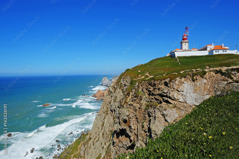 Cape Roca (Cabo da Roca) with lighthouse in Portugal. Stock Photo ...