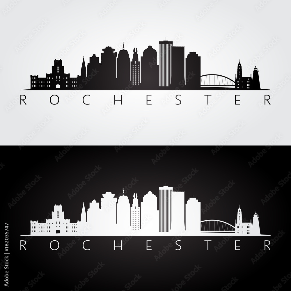 Rochester USA skyline and landmarks silhouette, black and white design ...